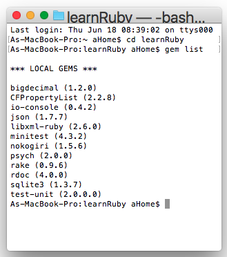 cd learnRuby [enter] gem list [enter]